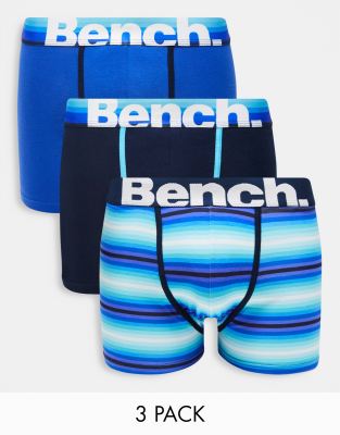 Bench – 3er-Pack Boxershorts in einfarbigen Blautönen und Gestreift mit ...