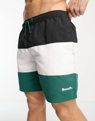 Bench long length colourblock swim shorts in black, white and green | ASOS