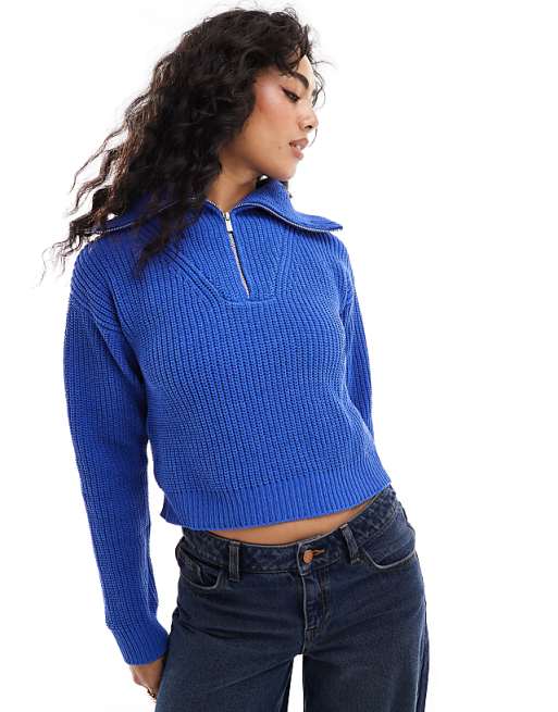 Bershka 1/4 zip ribbed knit sweater in blue | ASOS Bershka 1/4 zip ribbed knit sweater in blue | ASOS
