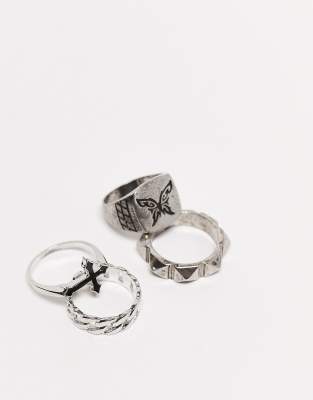 Bershka 4-pack cross and chain rings in silver | ASOS