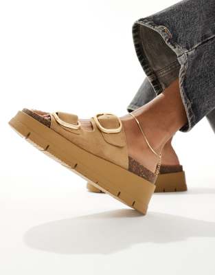 Bershka buckle detail platform sliders in tan | ASOS