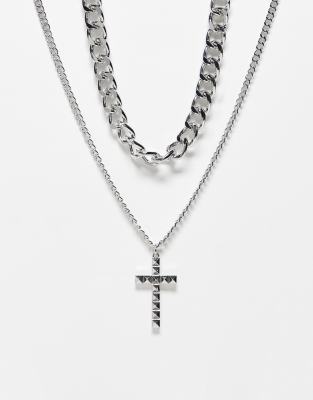 Bershka chain and cross necklace set in silver | ASOS