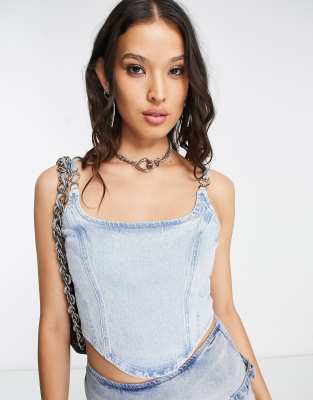 Bershka chain detail corset top in blue denim | ASOS