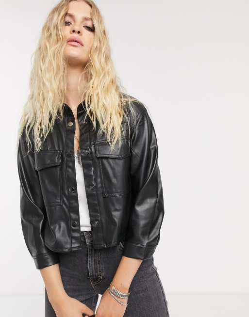 Bershka cropped faux leather shirt in black | ASOS