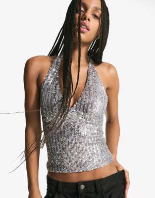 Bershka Draped halter top with sequins in silver | ASOS