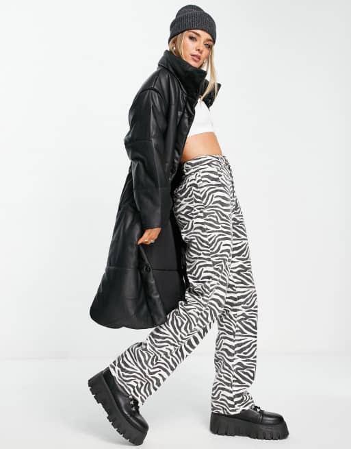 Bershka faux leather padded long line puffer coat in black | ASOS