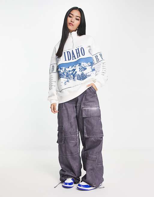 Bershka half zip Idaho apres ski sweatshirt in white | ASOS Bershka half zip Idaho apres ski sweatshirt in white | ASOS
