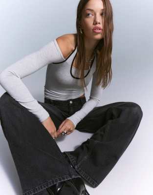 Bershka Long sleeve halter neck t-shirt in light grey | ASOS