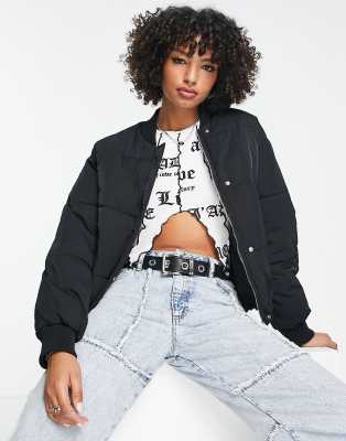 Bershka oversized bomber puffer jacket in black | ASOS