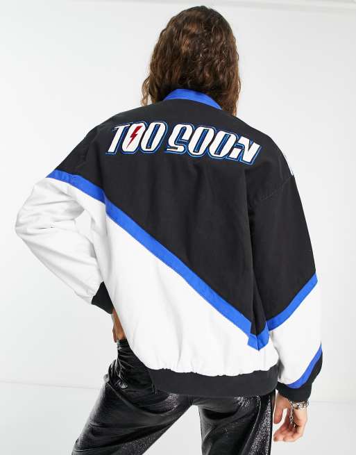 Asos Design Motocross Bomber Jacket With Badging In Blue