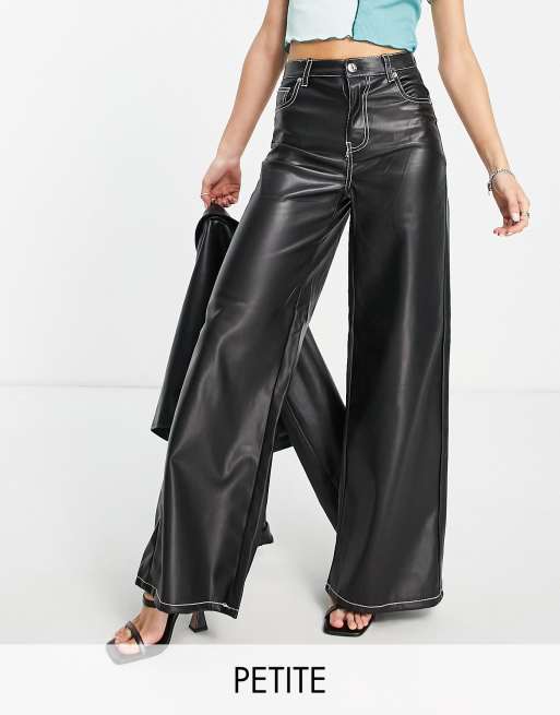 Bershka Petite wide leg faux leather dad trouser with contrast seam in black | ASOS