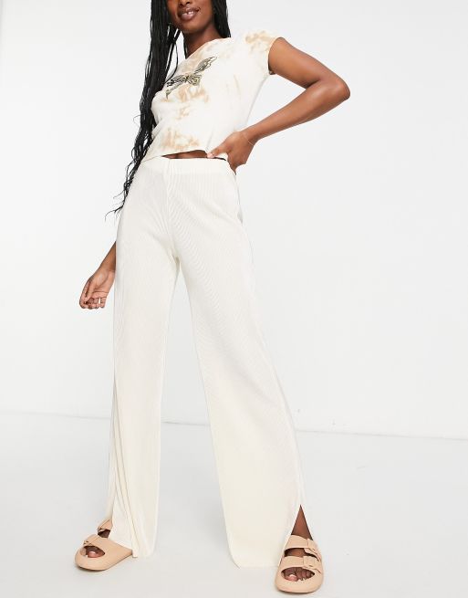 Bershka Plisse Co Ord Wide Leg Trouser In Ecru Asos
