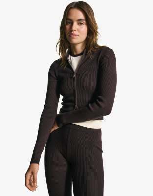 Bershka Ribbed zip-up jacket in brown | ASOS
