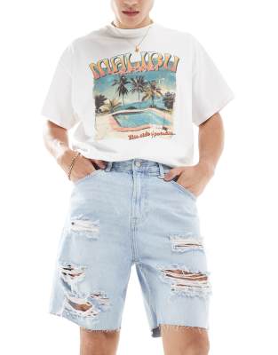 Bershka Ripped Denim Shorts In Light Blue | ModeSens