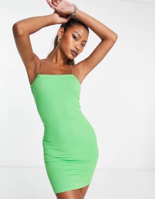 Bershka - Robe côtelée courte avec bretelles à strass - Vert | ASOS