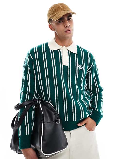 Bershka stripe knit polo in green | ASOS Bershka stripe knit polo in green | ASOS