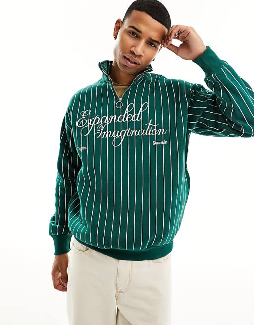 Bershka striped 1/4 zip sweatshirt in green | ASOS Bershka striped 1/4 zip sweatshirt in green | ASOS