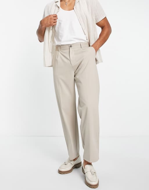 Bershka Wide Fit Tailored Trouser In Beige Asos