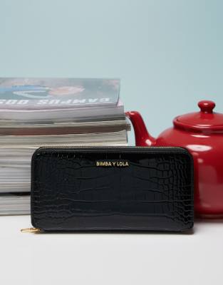 BIMBA Y LOLA - Sort pung med lynlås i imiteret læder med krokodillelook ...