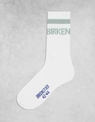 Birkenstock unisex cotton crew stripe sock in white/pure sage | ASOS