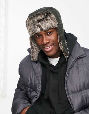Boardmans waxed coated trapper hat with faux fur in khaki | ASOS
