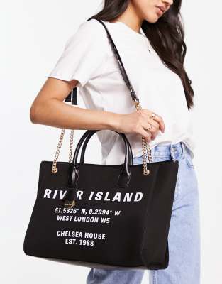 Bolso shopper negro con logo de lona de River Island | ASOS