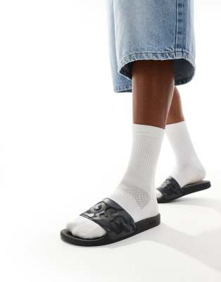 BOSS Aryeh logo camo print pool sliders in grey/black | ASOS