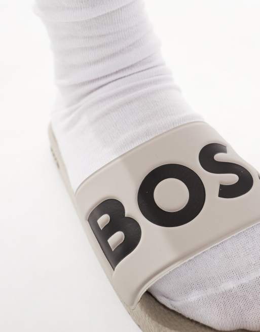 BOSS Aryeh logo pool sliders in white/black | ASOS