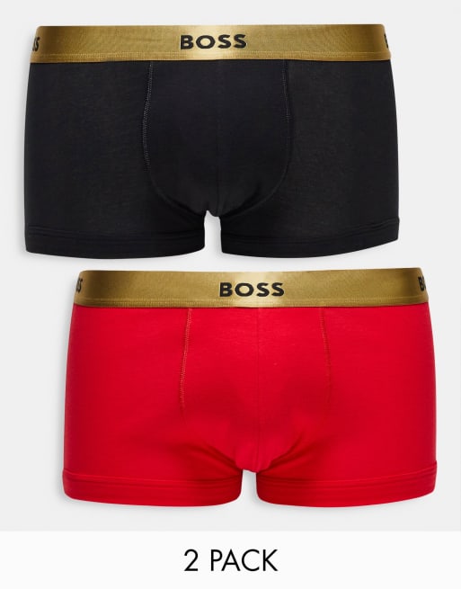 BOSS Bodywear 2 pack trunks in red and black with gold waistband | ASOS