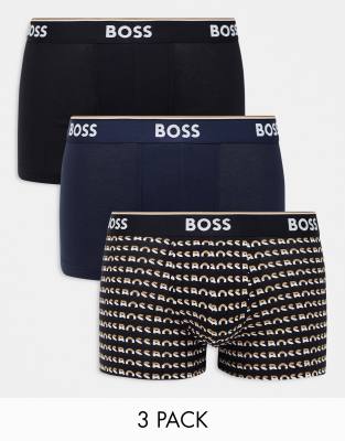 Boss Bodywear power 3 pack trunks in black, navy and logo design | ASOS