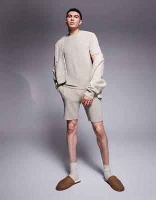 BOSS Bodywear Rib logo regular fit t-shirt and shorts in light beige co ...