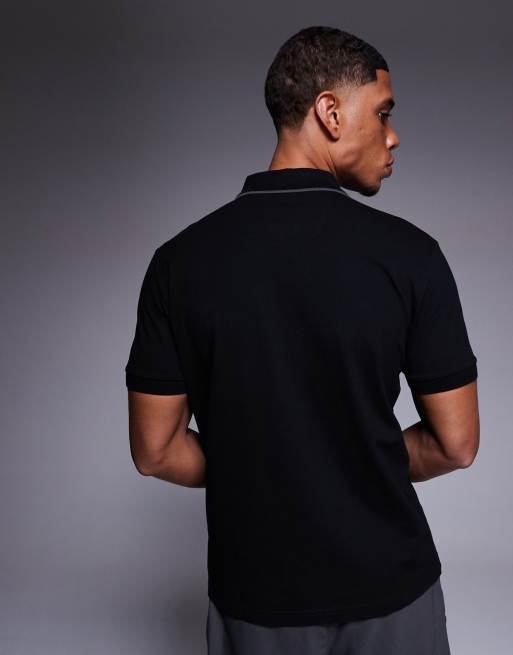 BOSS Green Philix Tape zip neck pique polo regular fit in black | ASOS