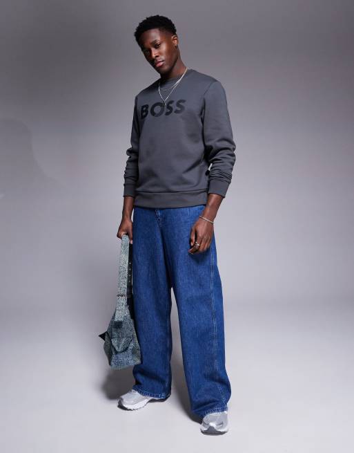 BOSS Green Salbo Sweat d ensemble coupe classique a logo Gris fonce