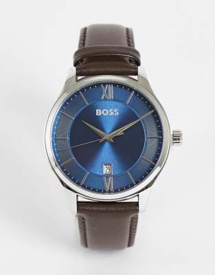 BOSS leather watch with blue face in brown 1513955 | ASOS