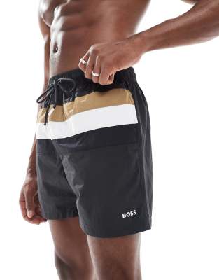 BOSS - Luis - Short de bain à logo et bandes rayées - Gris foncé | ASOS