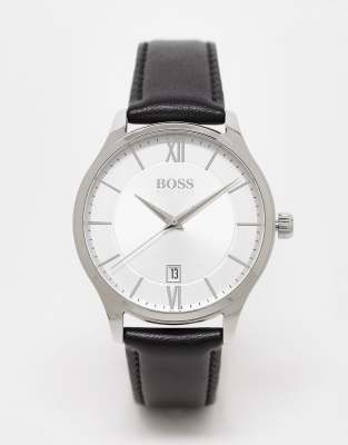 Boss mens leather watch with white dial in black 1513893 | ASOS