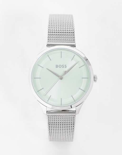 BOSS mesh watch with light blue face in silver | ASOS