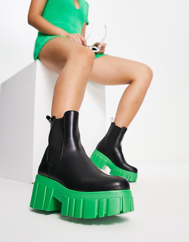 Botas negras con tacón y suela gruesa verde en contraste de Koi | ASOS Botas negras con tacón y suela gruesa verde en contraste de Koi | ASOS