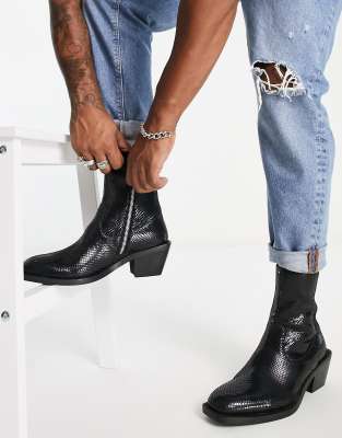 Botas negras de estilo wéstern con tacón cubano de cuero efecto ...