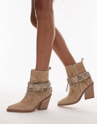 Botines color avena de estilo wéstern con flecos de ante New-kole de ...