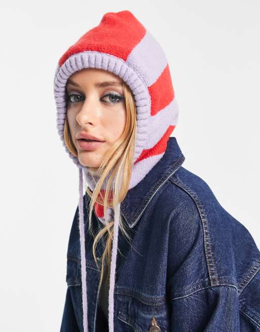 Braga estilo pasamontañas a rayas rojas y lilas con cordón ajustable de ...