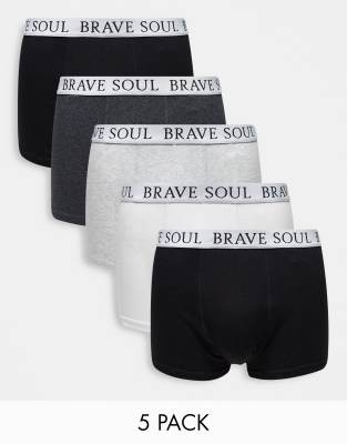 Brave Soul 5 pack boxers with logo waistband in black grey and white | ASOS