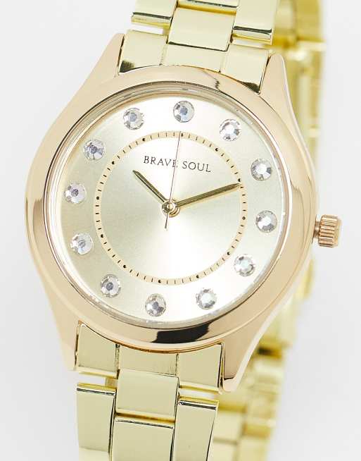 Brave Soul chunky bracelet watch with diamante face detail in gold | ASOS
