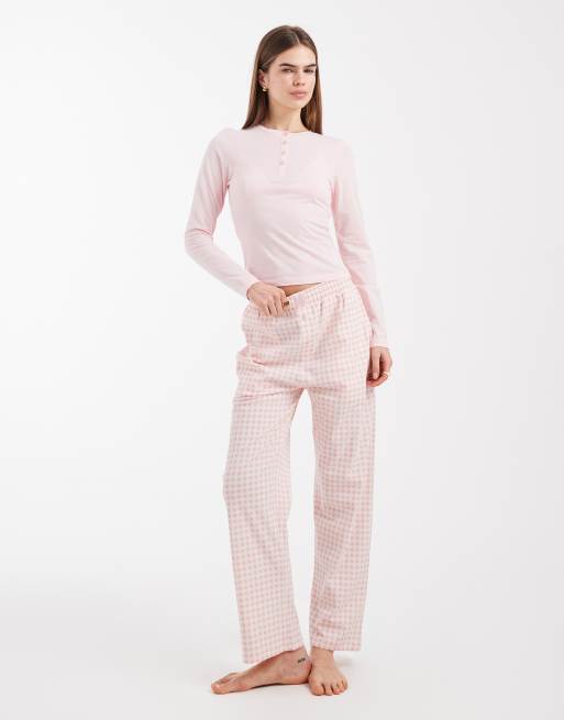Brave Soul cotton long sleeve henley t-shirt and gingham trouser pyjama ...