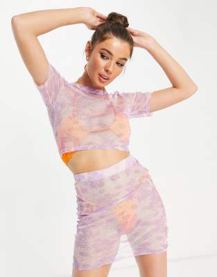 Brave Soul - Ensemble de plage en tulle avec crop top et jupe à imprimé fleuri rétro - Rose ...