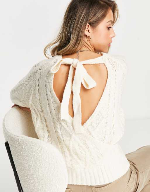 Brave Soul kerry cable knit jumper with open tie back in cream | ASOS