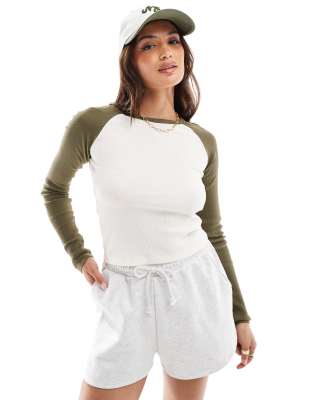 Brave Soul long sleeve ribbed raglan tee in cream & khaki | ASOS