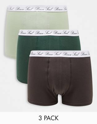 Brave Soul - Lot de 3 boxers avec logo à la taille - Vert et marron | ASOS