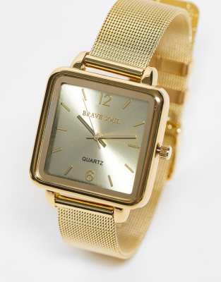 Brave Soul mesh strap watch with sqaure dial in gold | ASOS