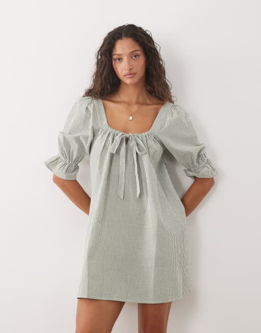 Brave Soul mini dress with puff sleeves in green and white stripe | ASOS